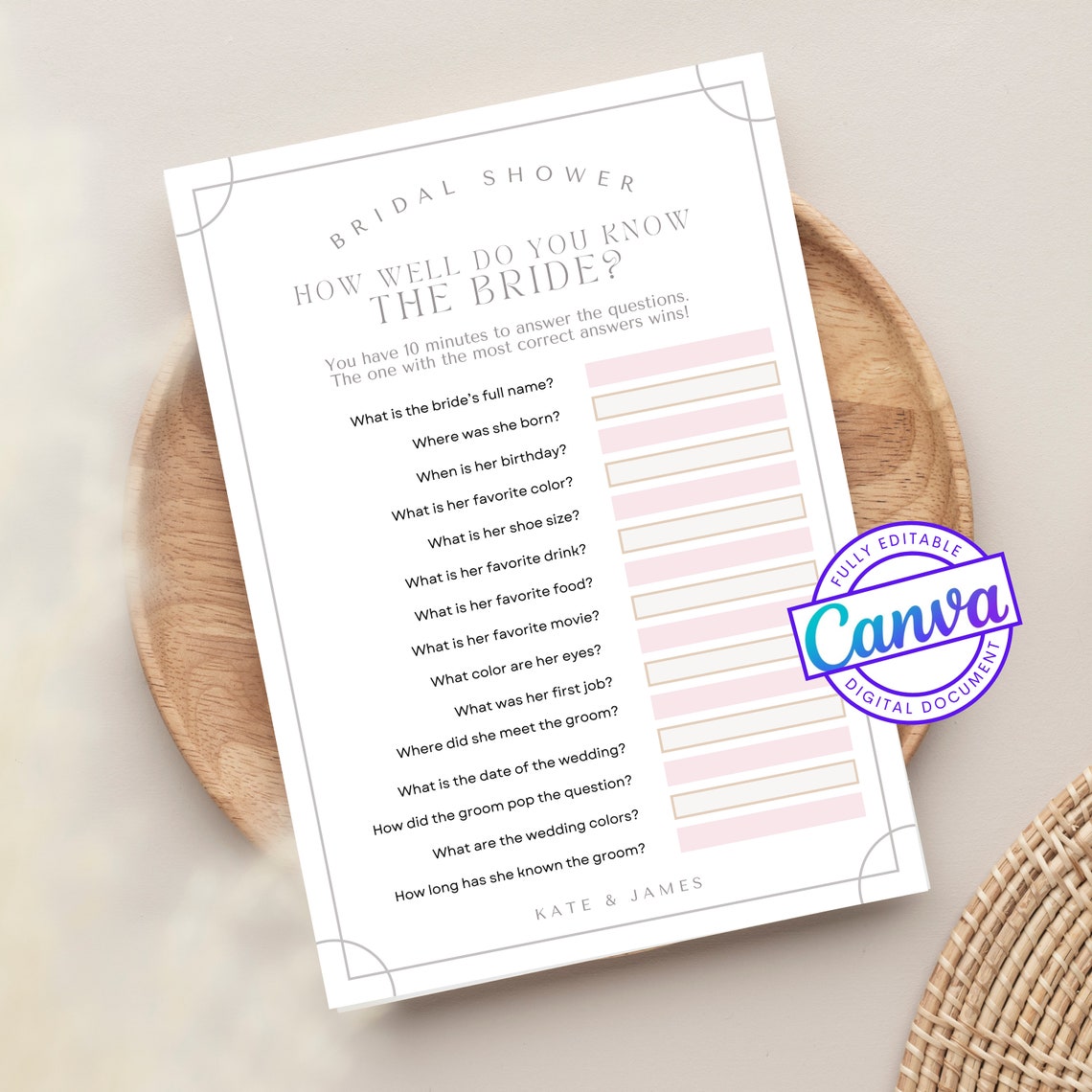 How Well Do You Know the Bride Game, Modern Bridal Shower Game, Fully ...