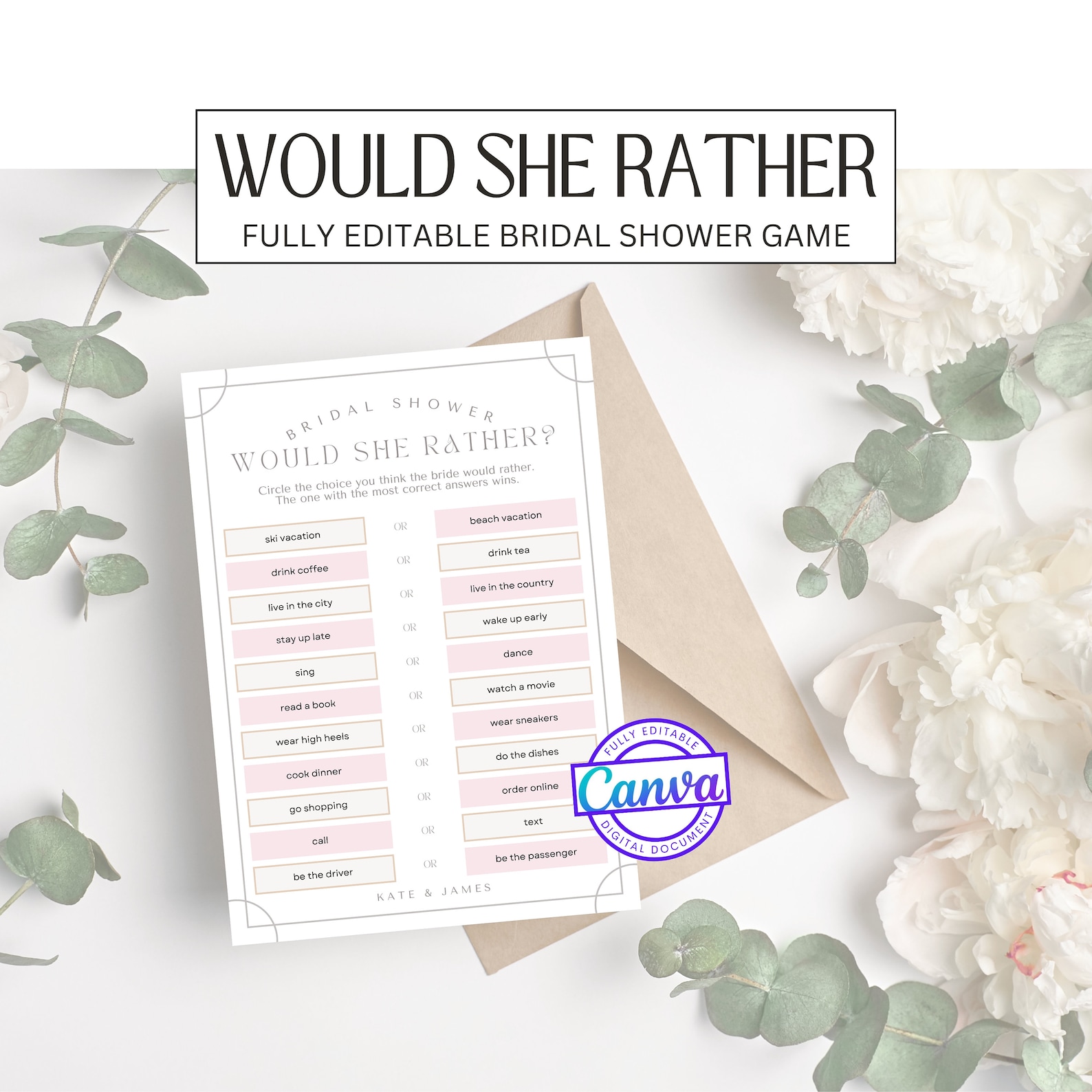 Would She Rather, Bridal Shower Game, Fully Editable Template, Bridal ...