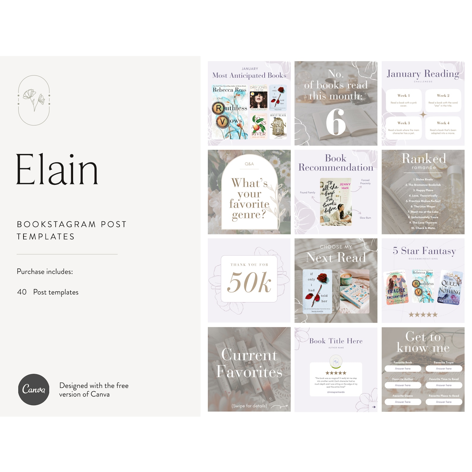 Elain Instagram Posts Bookstagram Templates for Instagram Editable ...