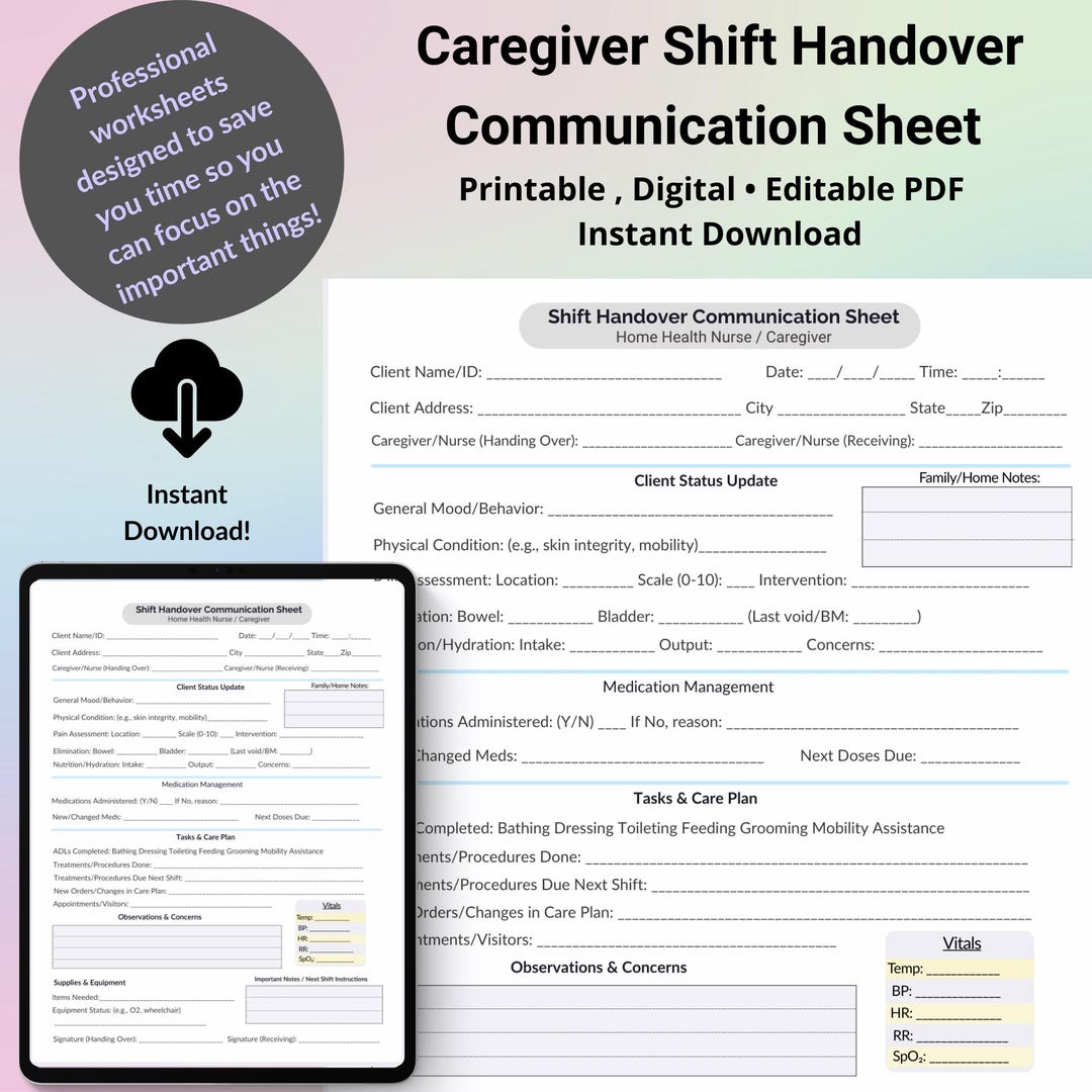 Caregiver Shift Handover Sheet: Home Health Aide Communication Log ...