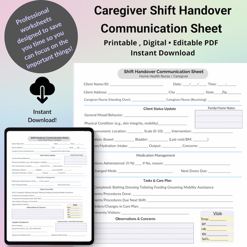 Caregiver Shift Handover Sheet: Home Health Aide Communication Log ...