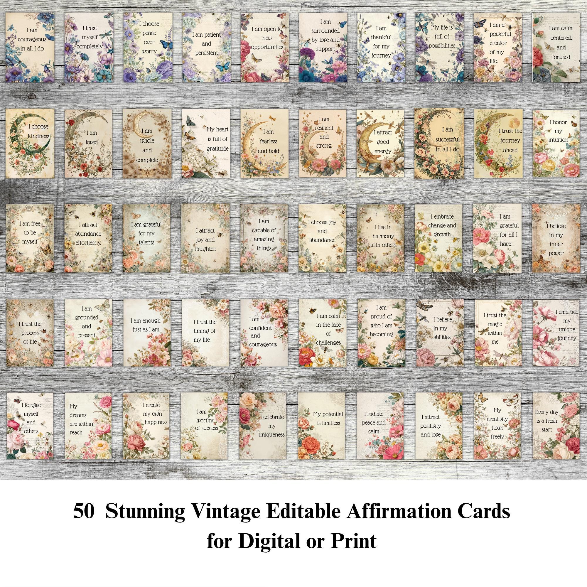 Affirmation Cards Printable Bundle, 50 I Am Cards + Journal, Vintage ...