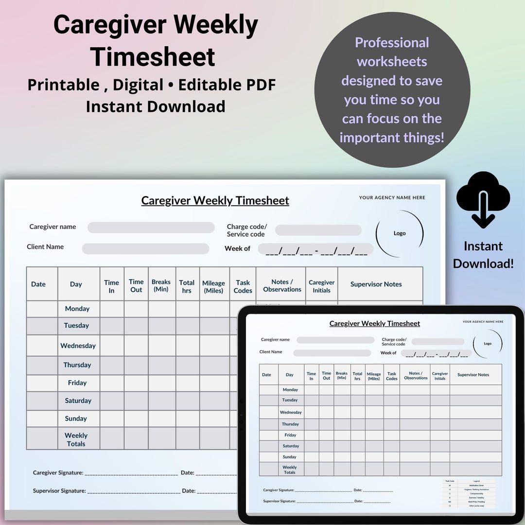 Caregiver Timesheet Template: Weekly Time Log, Mileage Tracker ...