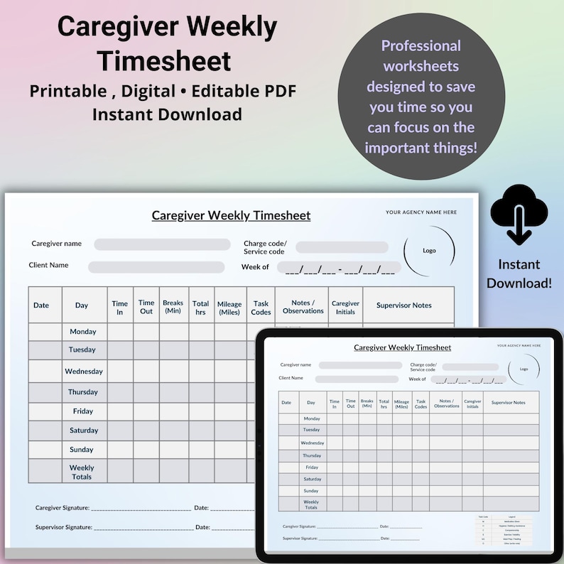 Caregiver Timesheet Template: Weekly Time Log, Mileage Tracker ...