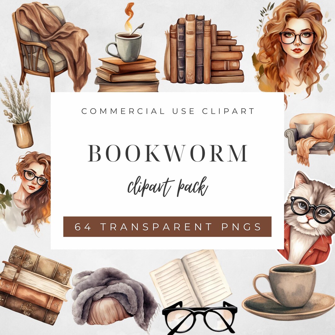 BOOKWORM | Digital Sticker, 60 PNG Files Clip Art, Warm, Neutral, Vibes ...