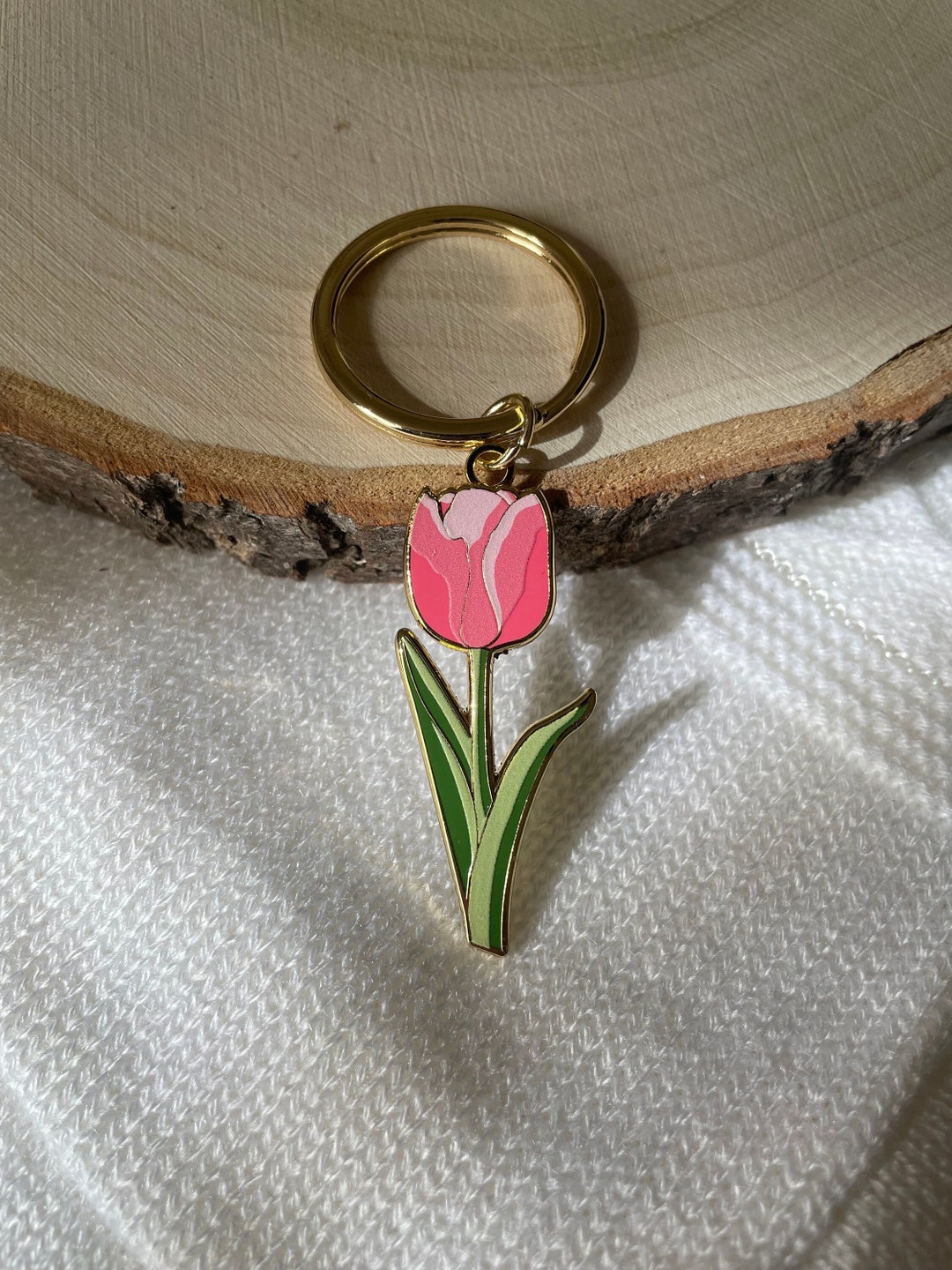 Tulip Soft Enamel Keychain, Blossom Metal Keyring, Floral Gold ...