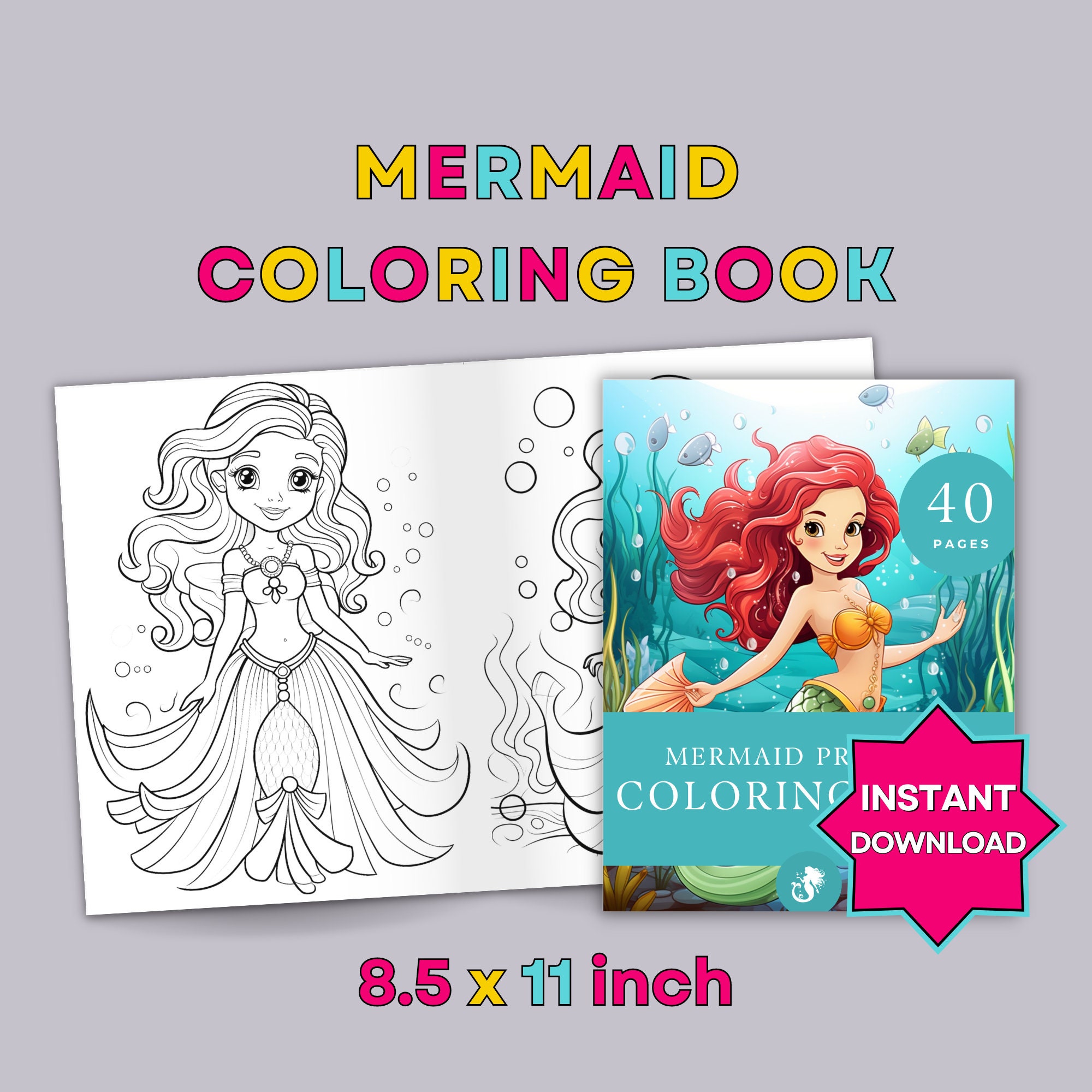 Instant Download Little Mermaid Princess Coloring Page Cute Drawings ...