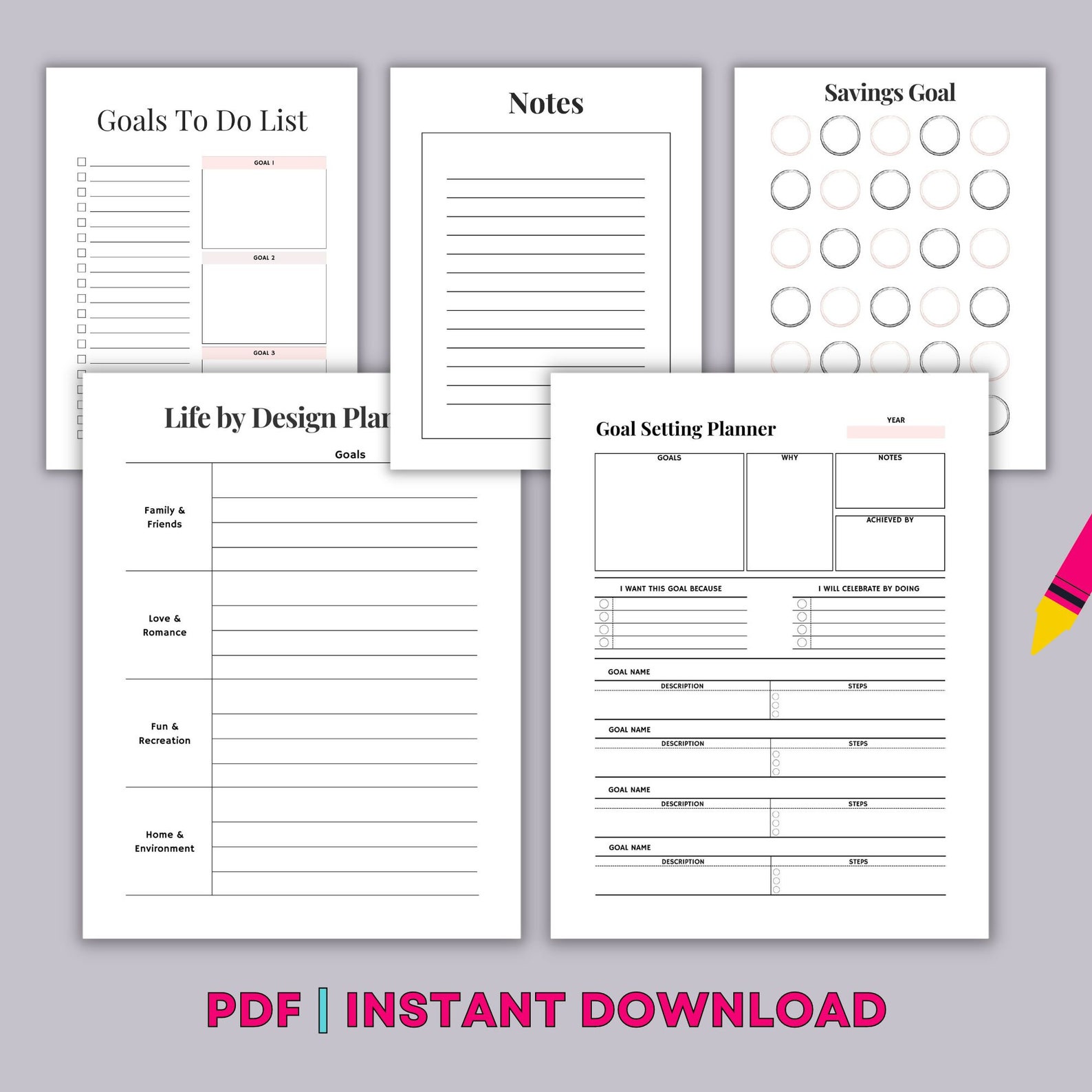 Dream Life Goals Worksheet Vision Board Template Goal Planner Goal ...