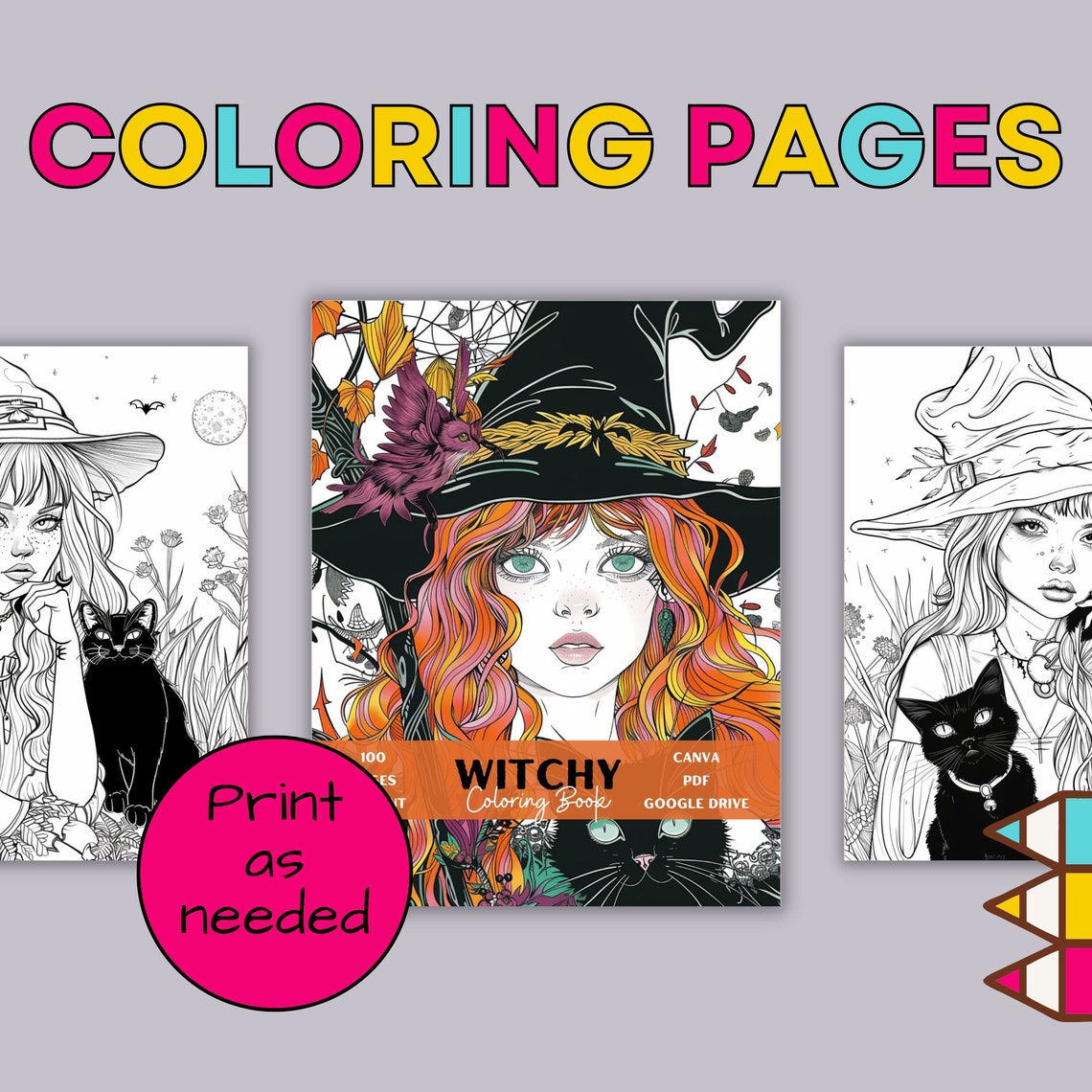 Printable Pdf Witch Coloring Book Witchy Aesthetic Grayscale Coloring ...