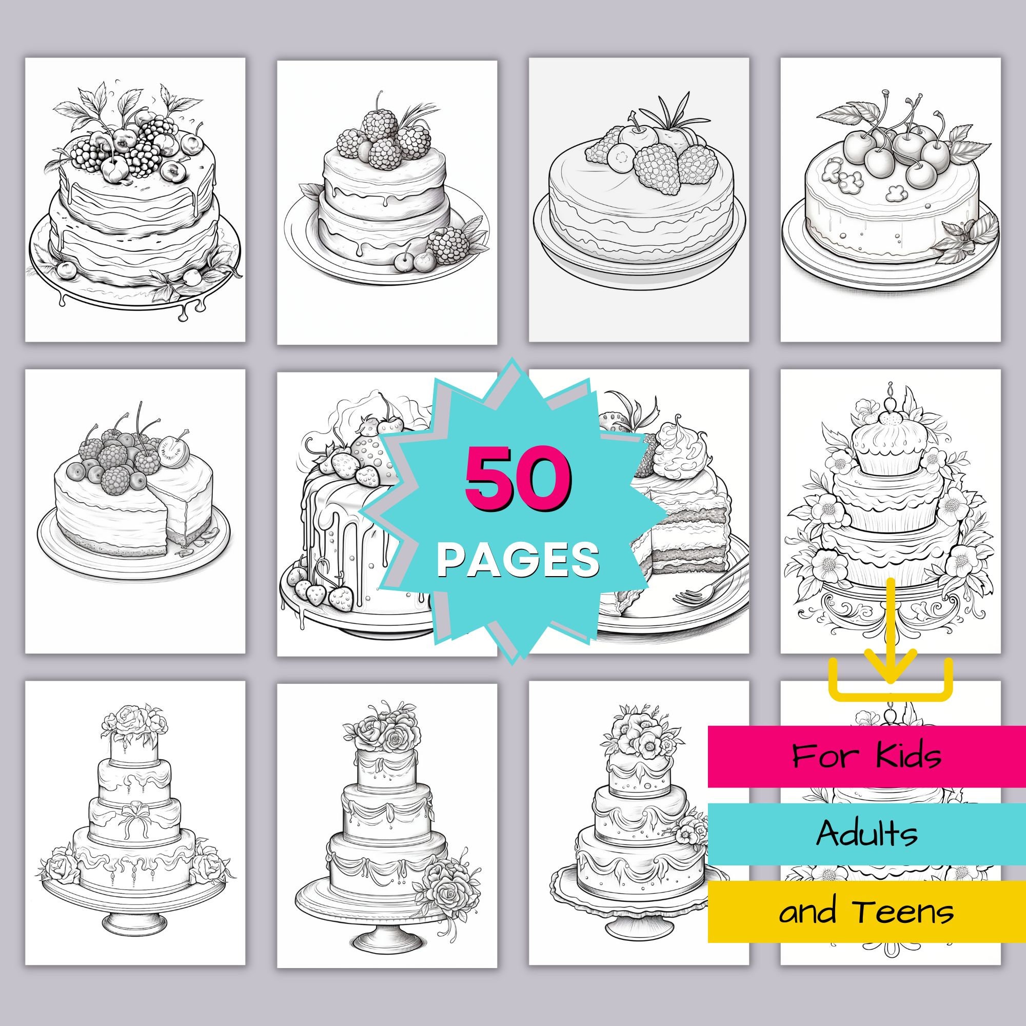 Digital Download Cake Coloring Book for Adults and Kids - Etsy