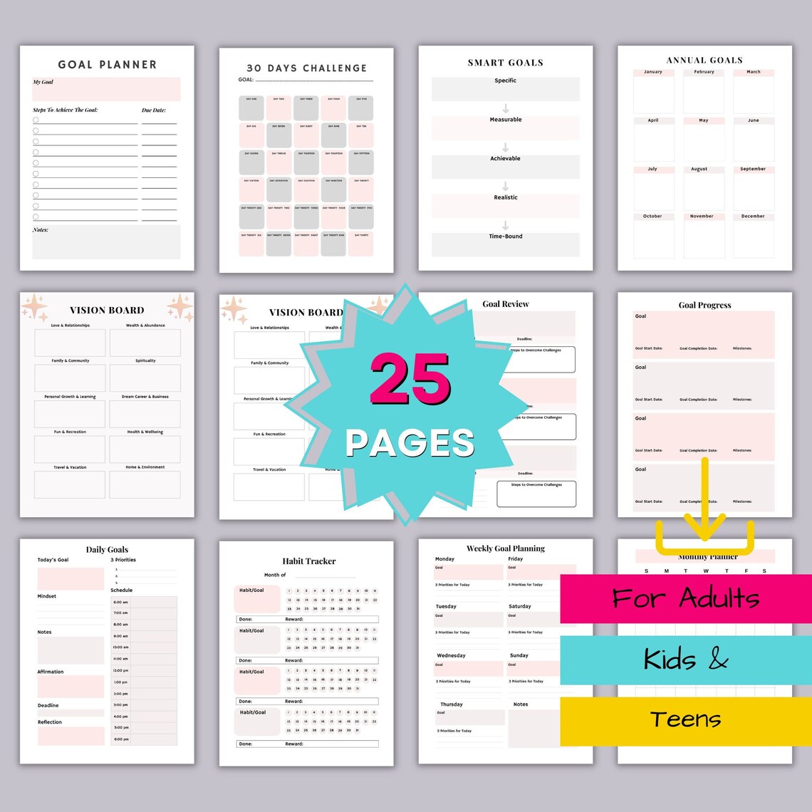 Dream Life Goals Worksheet Vision Board Template Goal Planner Goal ...