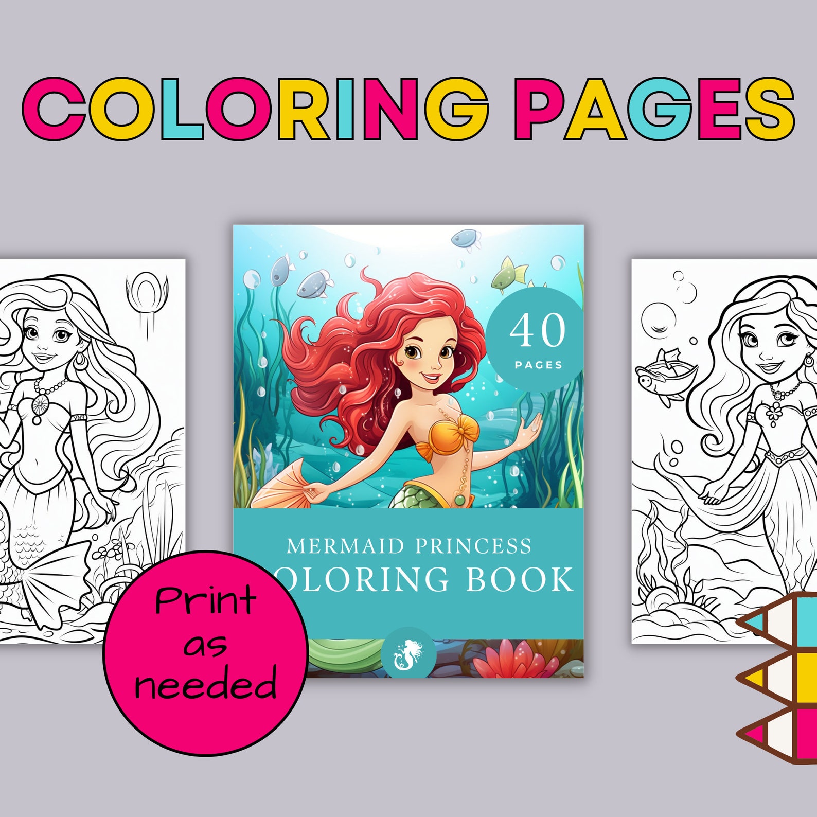 Instant Download Little Mermaid Princess Coloring Page Cute Drawings ...