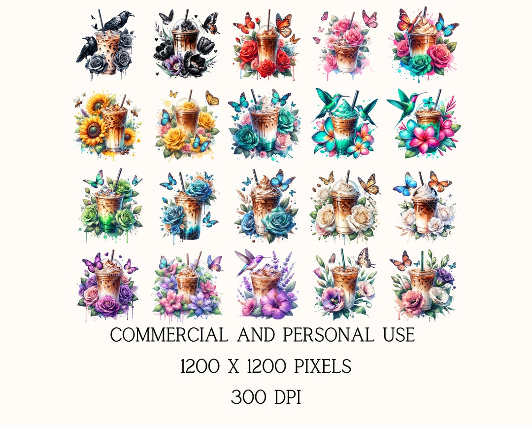 Watercolor Iced Coffee, Mega Bundle, PNG, Floral, Cute Iced Coffee ...