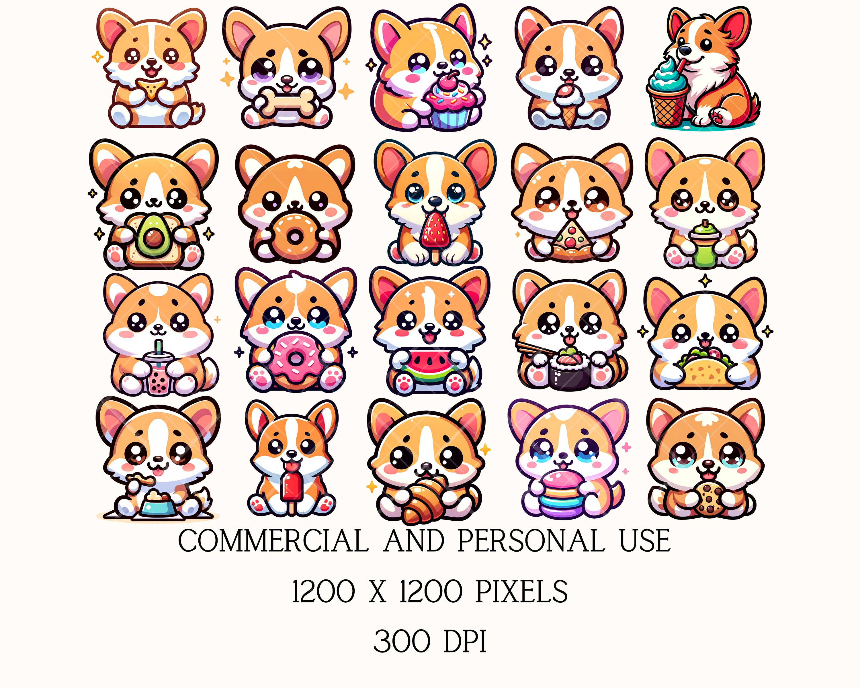 Kawaii Corgis Eat and Drink, Clipart Bundle, Cute Corgi Illustrations ...