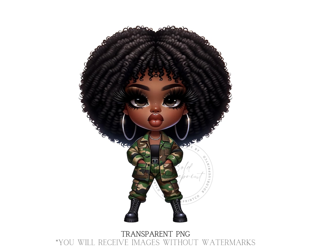 Melanin PNG, Camouflage, Afro Hair, Chibi, Black Woman, Kawaii, Pixel ...