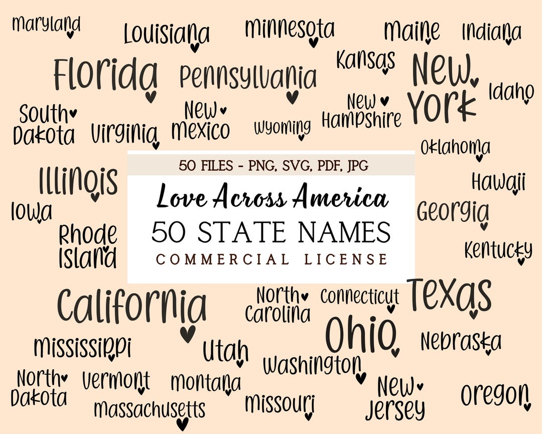 50 States Bundle, I Love USA, PNG, SVG, Pdf, Jpg, Usa Heart, Patriotic ...