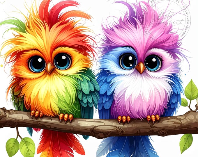 Birds on Branch PNG Clipart, 12x Colorful Watercolor Bird Art Set ...