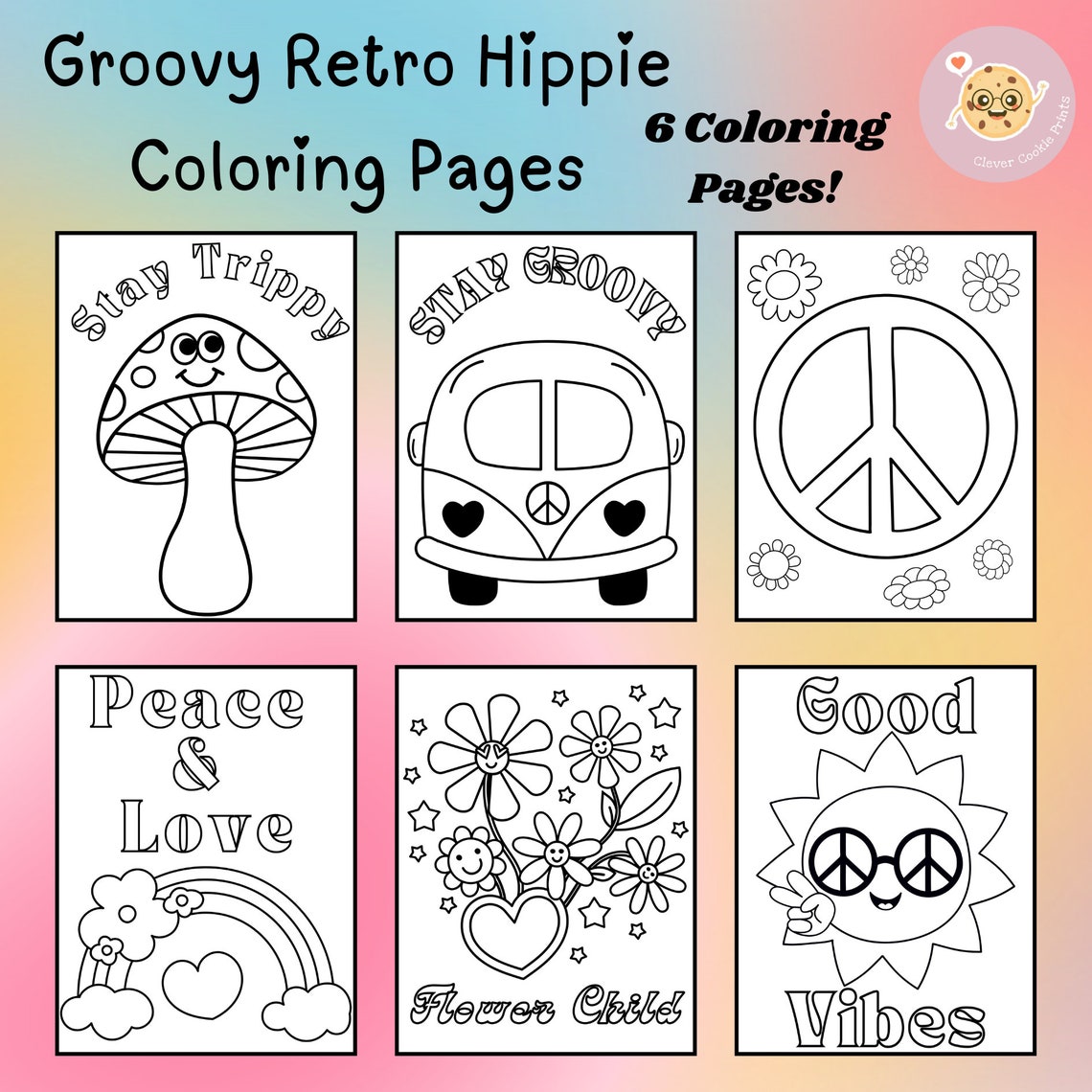 Retro Groovy Hippie Coloring Pages | Easy to Color | Printable Coloring ...