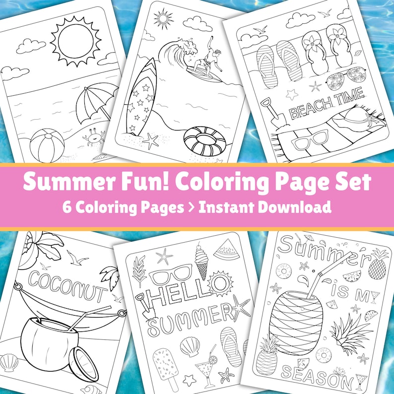 Summer Fun Coloring Page Set | PDF Instant Download | Printable ...