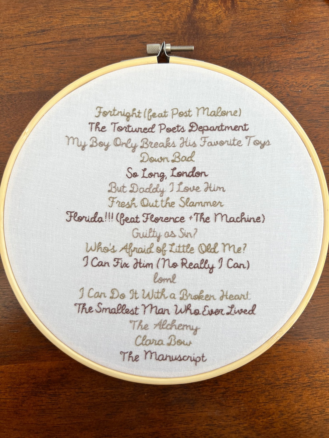 TTPD Tracklist TS Hand Embroidered Decor in 7 Inch Wooden Hoop - Etsy