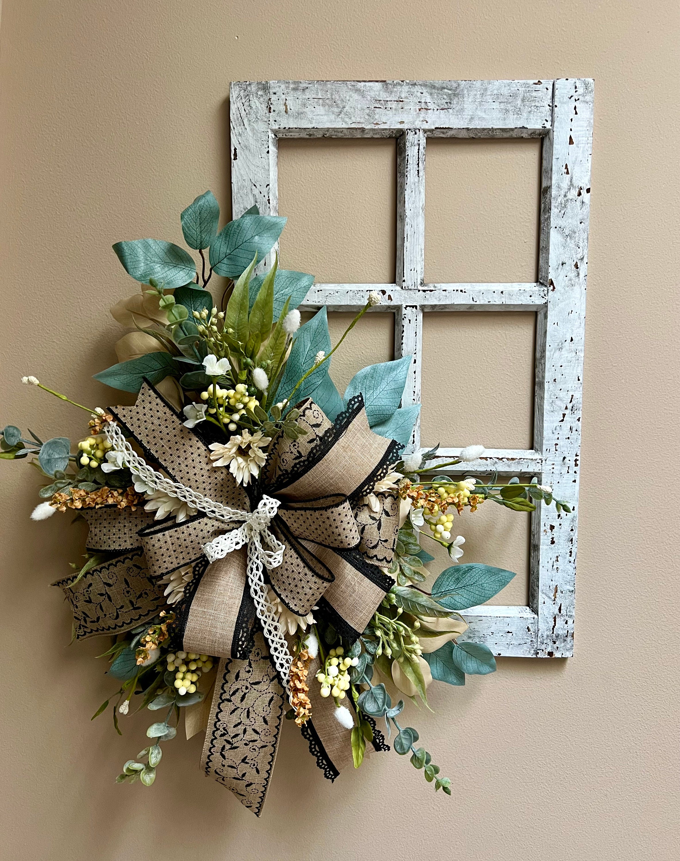 Rustic Window Frame Wreath, Rustic Wreath, Window Frame Floral, Window ...