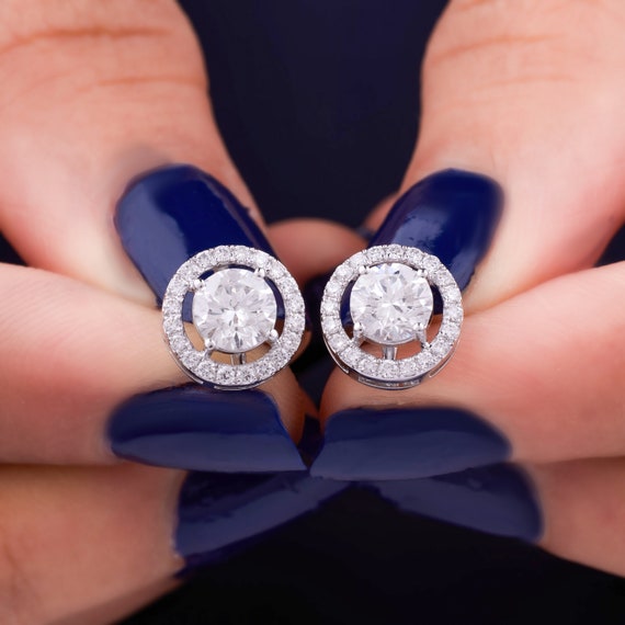 Round Diamond Earrings Halo Diamond Studs 1.22 Carat Lab Grown Diamonds Gift For Her Etsy