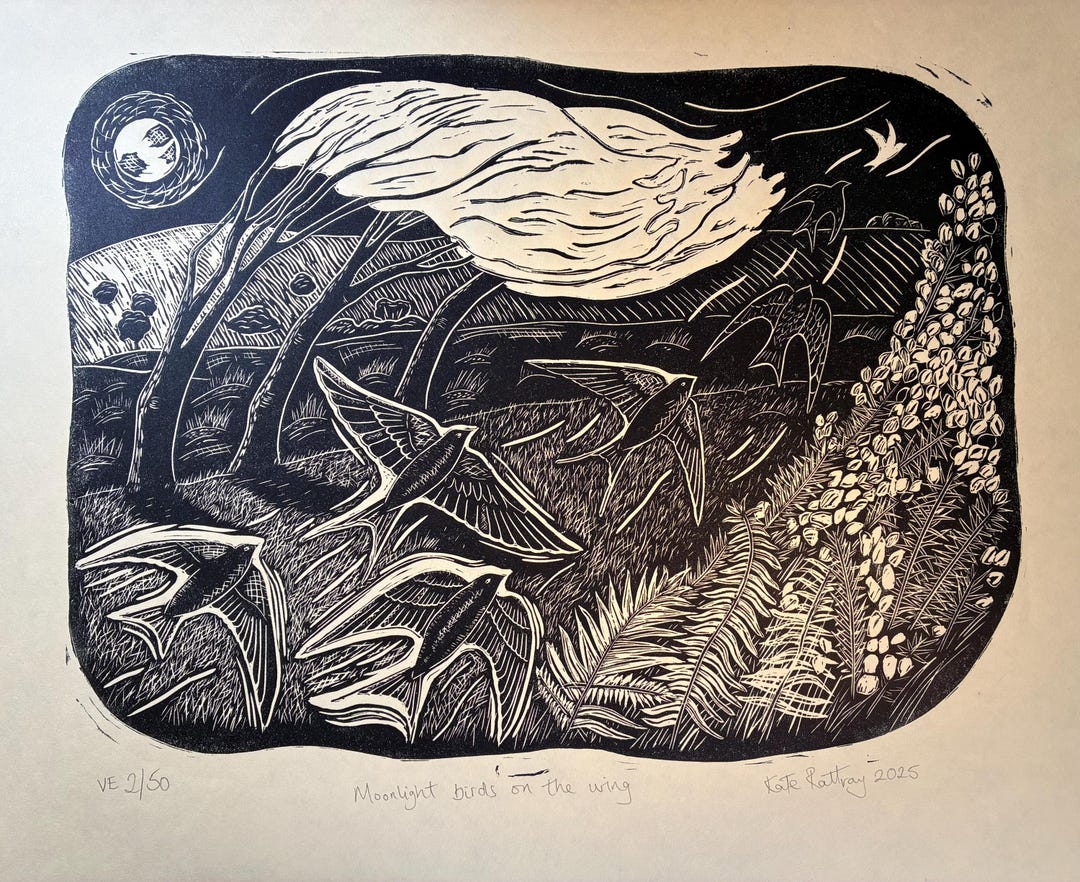 Midnight Swallows Birds Flying Over Moorland at Full Moon Lino Cut ...