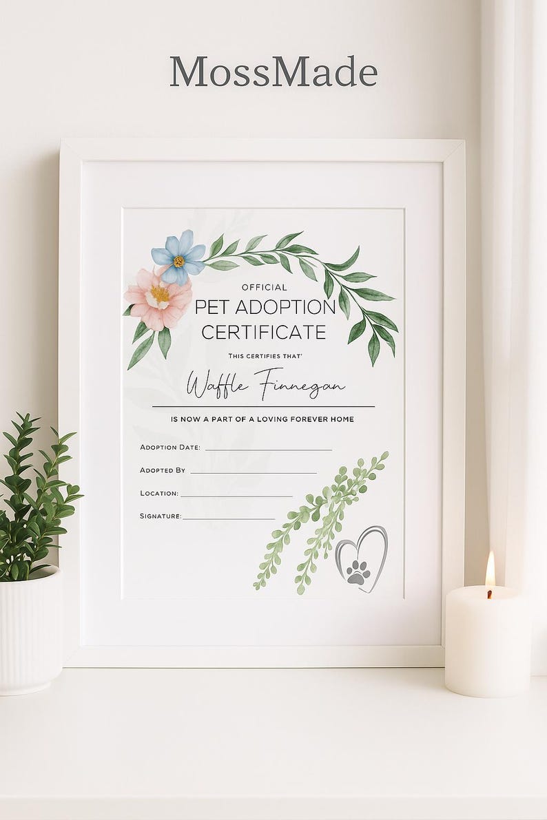 Floral Pet Adoption Certificate – Printable Pet Keepsake, Editable ...