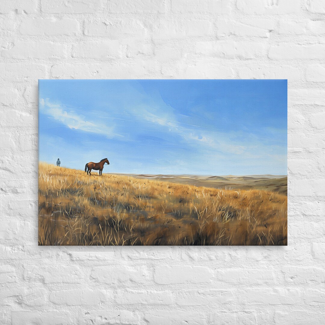 Wide Open Prairie Digital Painting - Lone Horse and Cowboy Wall Art - Etsy