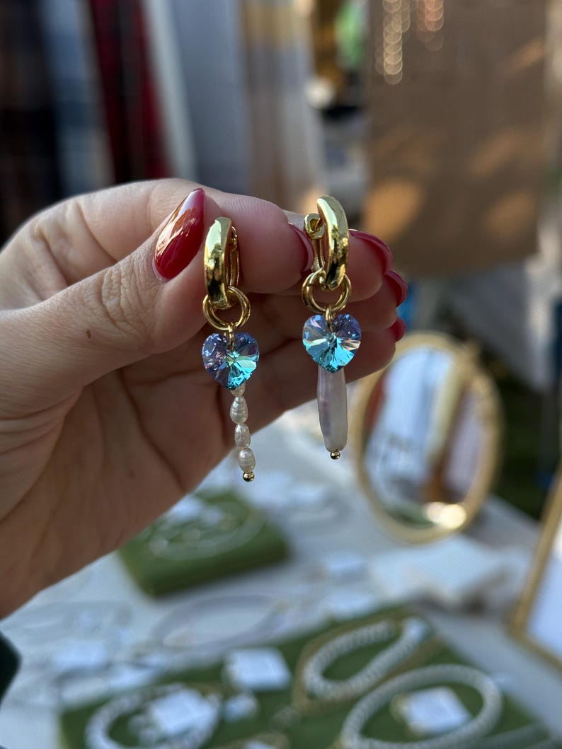 Swarovski Heart Crystal Pearl Drop Earrings, Romantic Handmade Gold ...