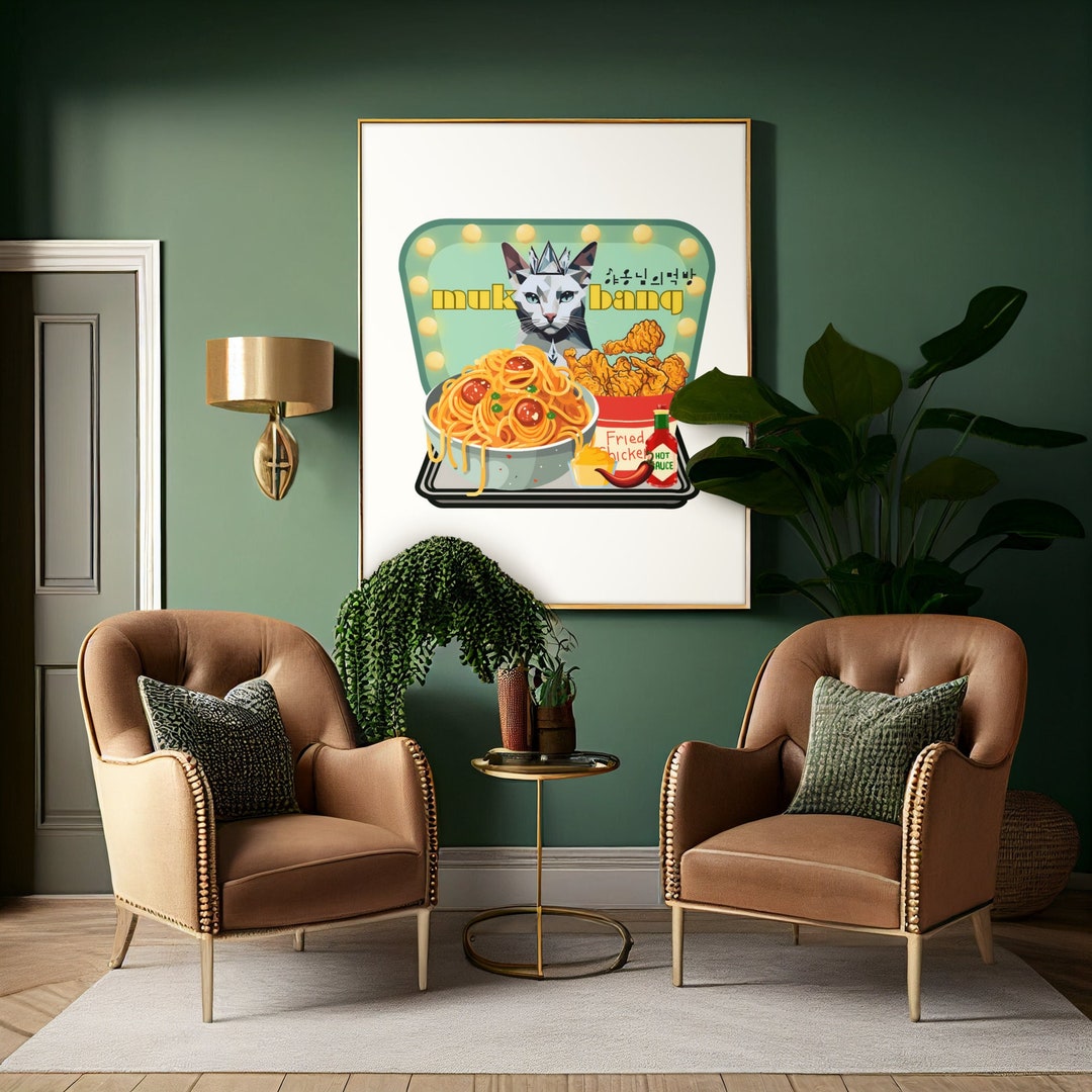 Korean Foodie Mukbang Cat Wall Art, Korean Food Printable Art, Mukbang ...