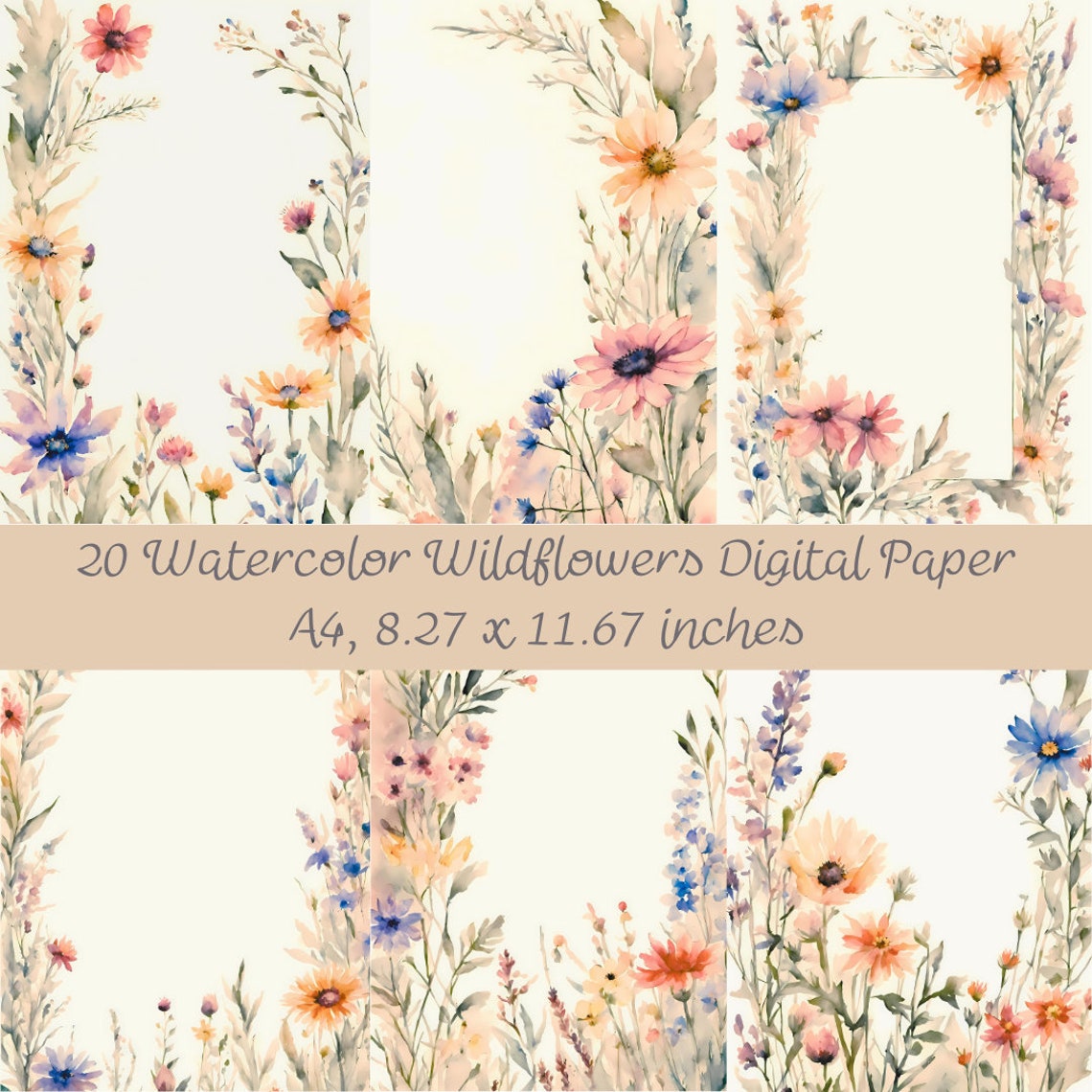 20 Wildflowers Digital Paper Set A4, Watercolor Wildflowers Border Junk ...