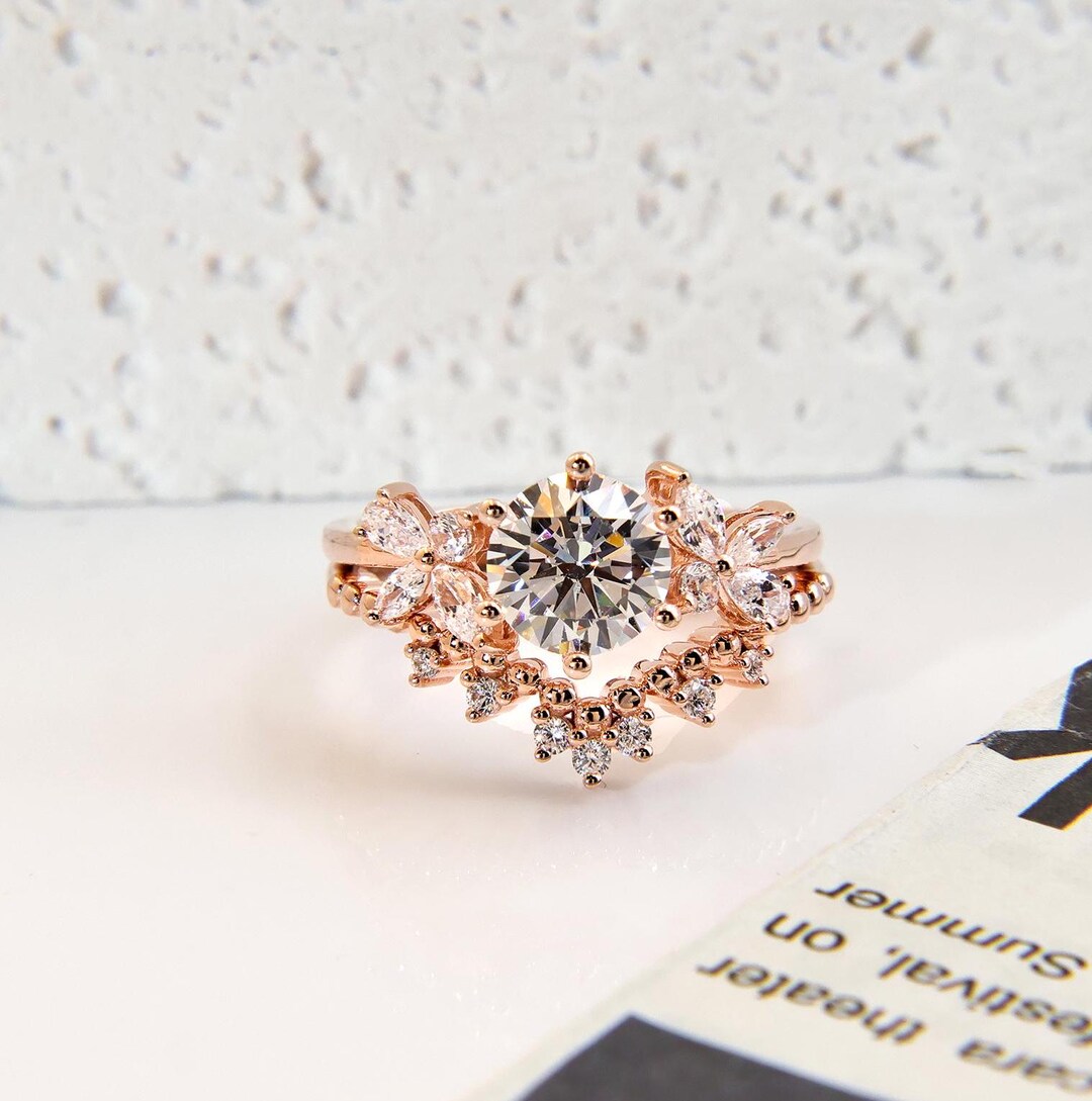 Delicate Round Cut Engagement Ring Set, Floral Cluster Moissanite Ring ...