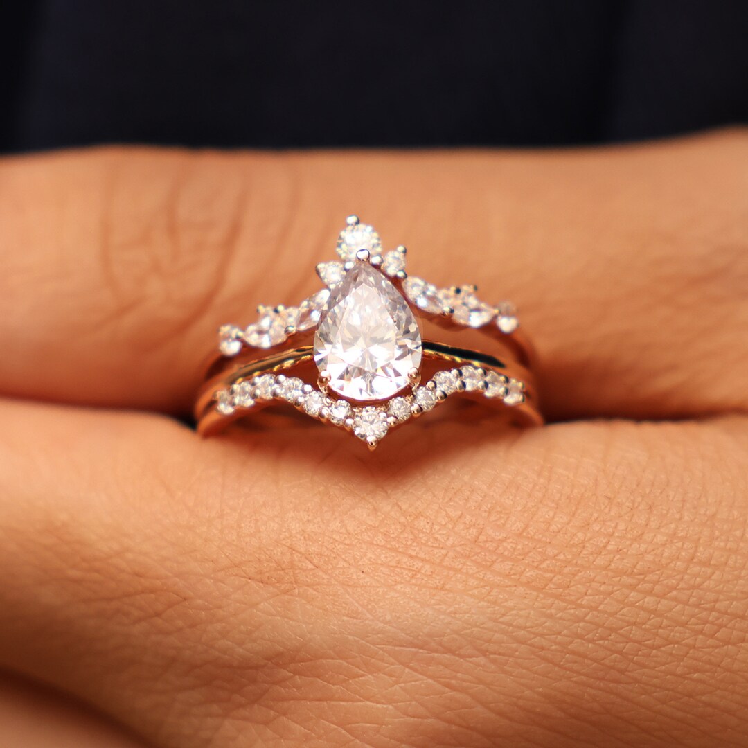 Vintage Pear Shaped Engagement Ring Set, Moissanite Ring Set, Art Deco ...