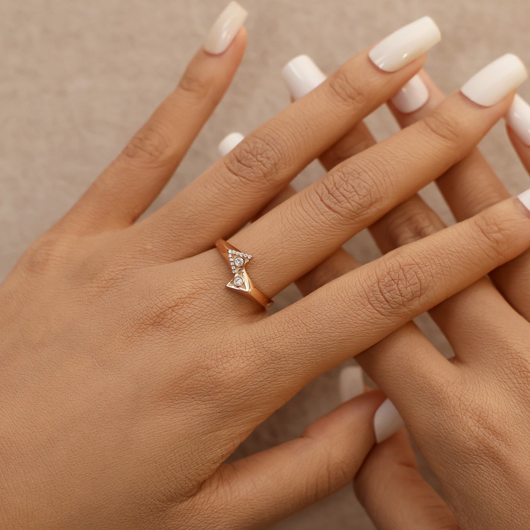 14K Minimalist Moissanite Wedding Ring, Unique Engagement Ring ...