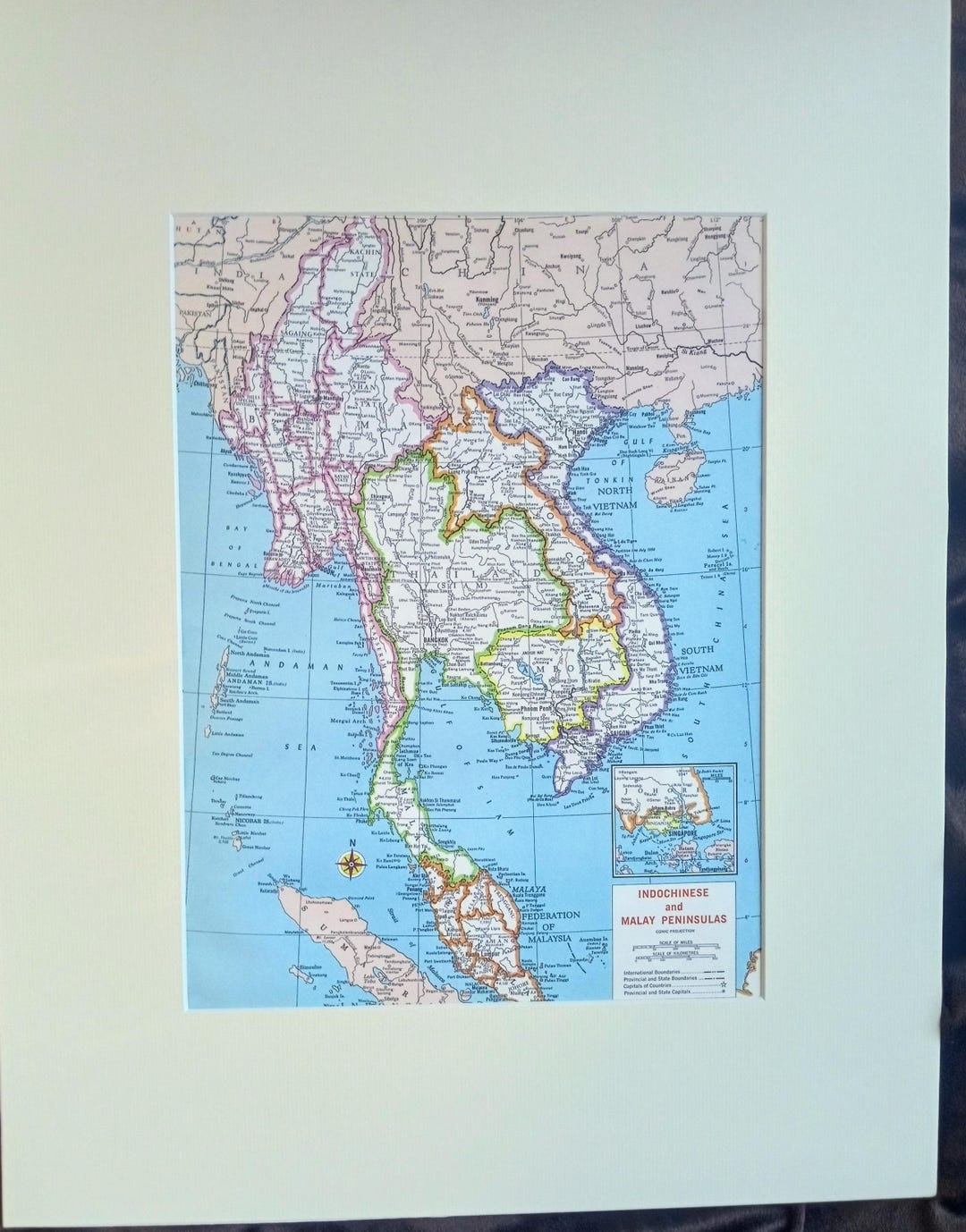 Genuine Old Map New Mat 1967 INDOCHINESE MALAY Peninsulas Vintage Map ...