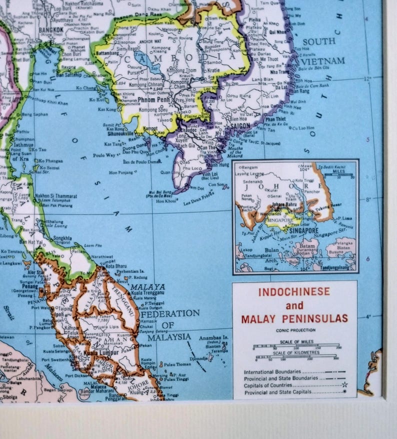 Genuine Old Map New Mat 1967 INDOCHINESE MALAY Peninsulas Vintage Map ...
