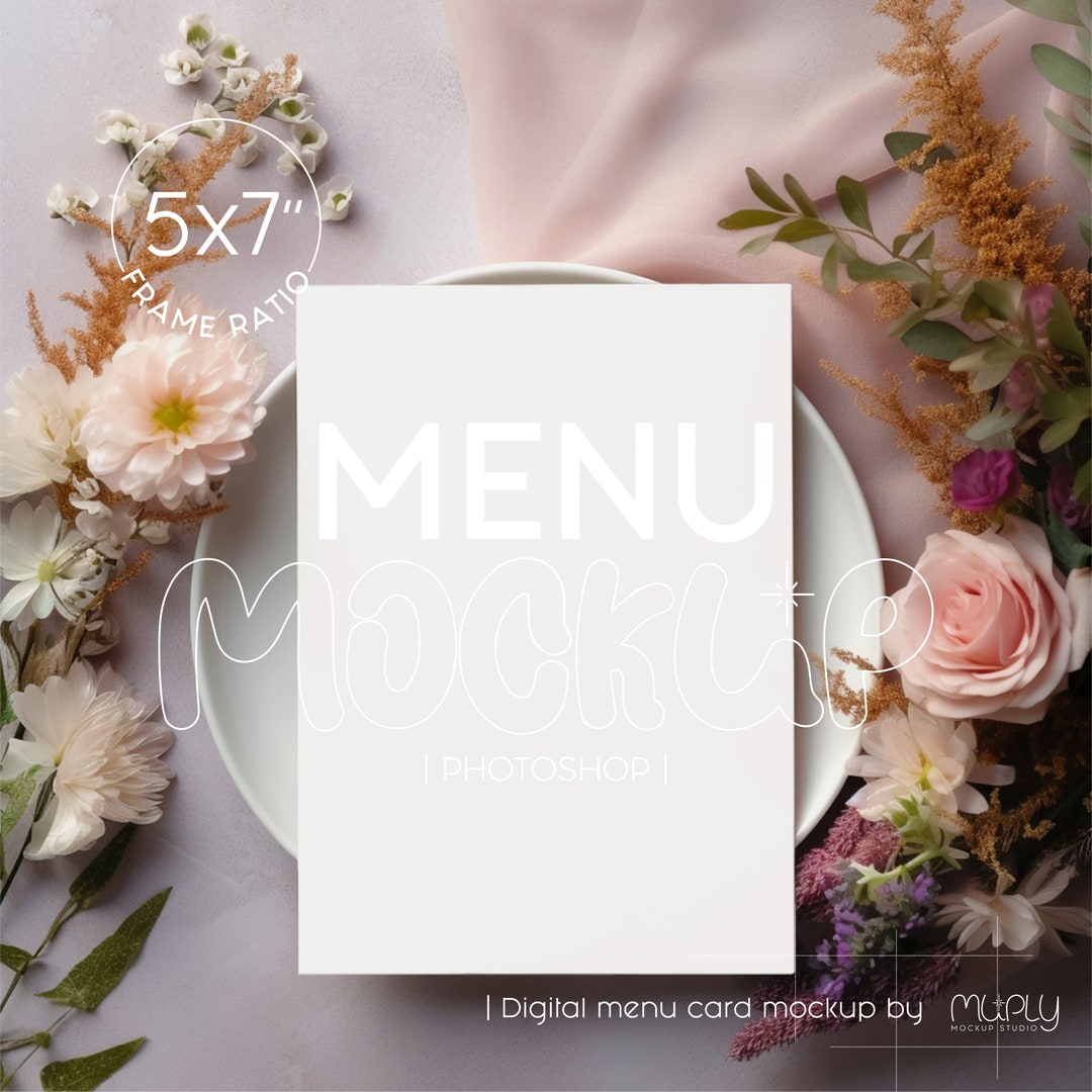 Vertical Menu Card Mockup 5X7 Menu Card on White Plate Pink Fabric and ...
