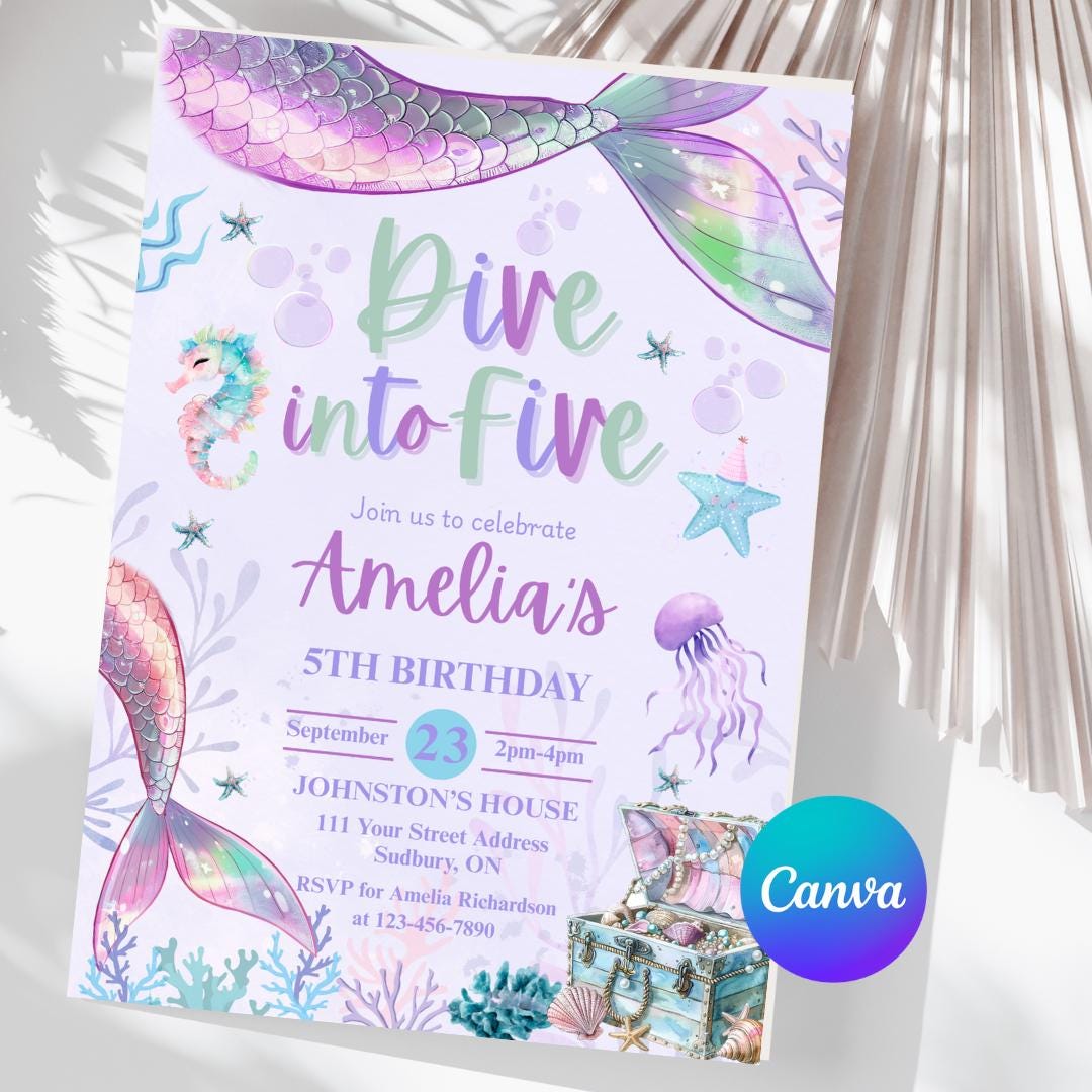Dive Into Five, Mermaid 5th Birthday Invitation, Editable Canva ...
