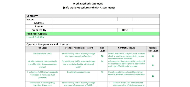 Safe Work Method Statement SWMS Template for Forklift Use Employee ...