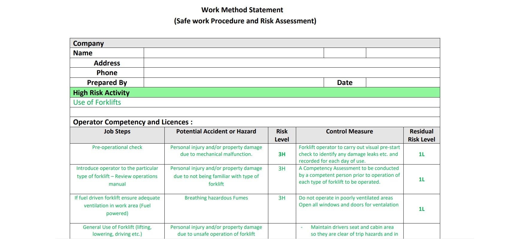 Safe Work Method Statement SWMS Template for Forklift Use Employee ...