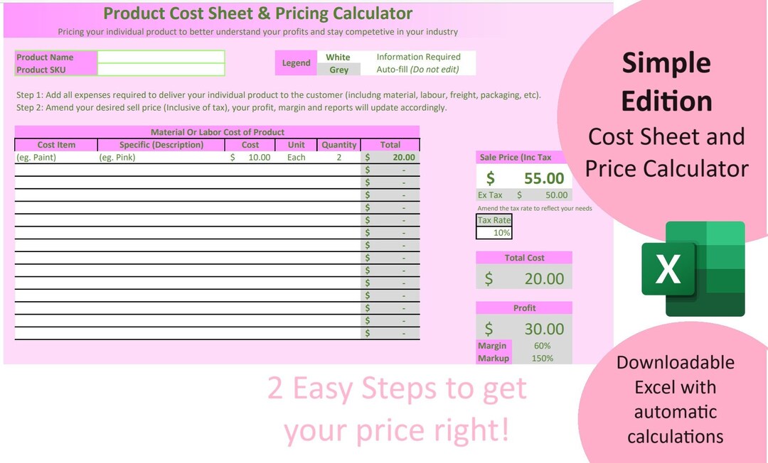 Beginners Cost Sheet & Pricing Calculator Template Simple Edition ...