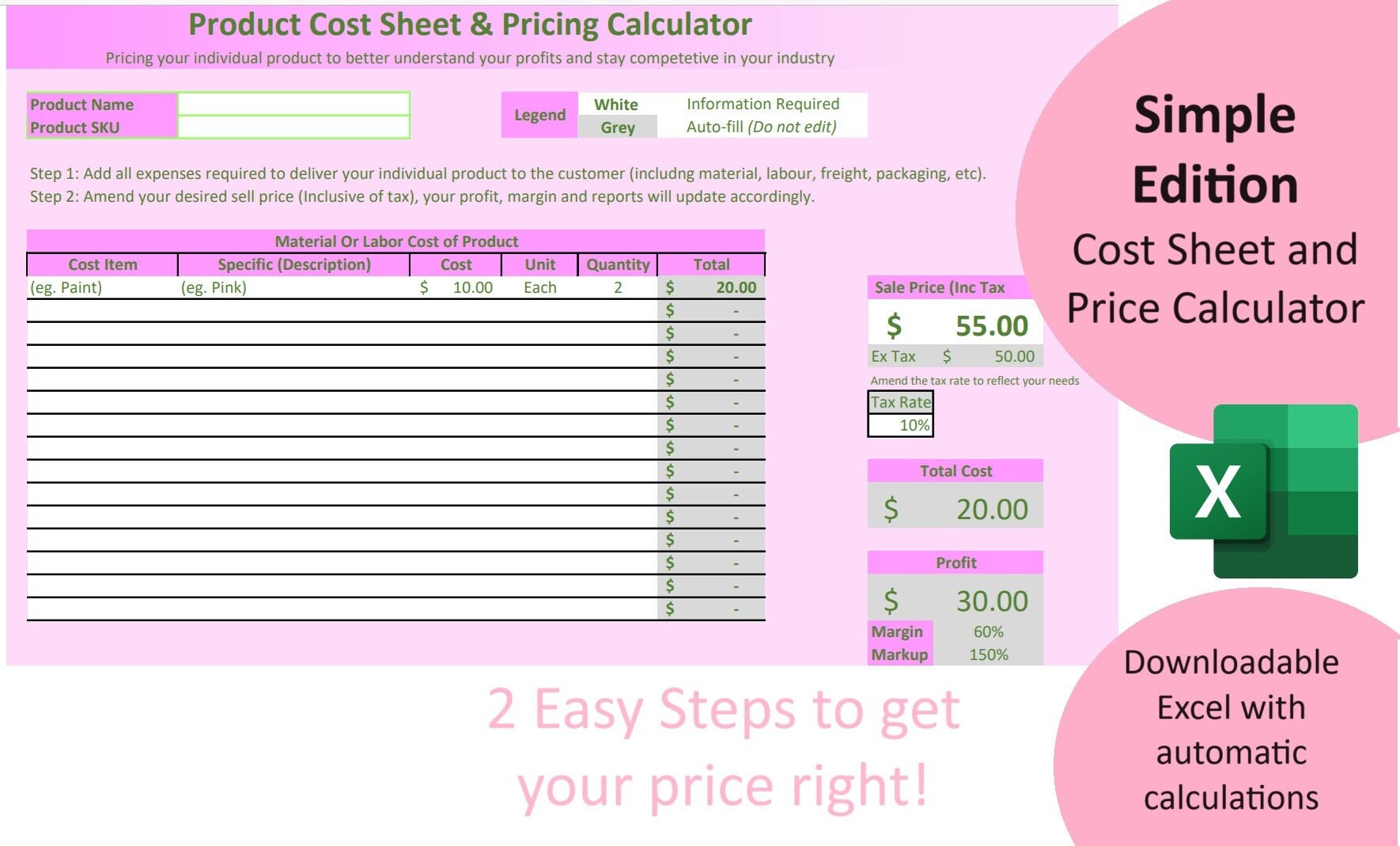 Beginners Cost Sheet & Pricing Calculator Template Simple Edition ...