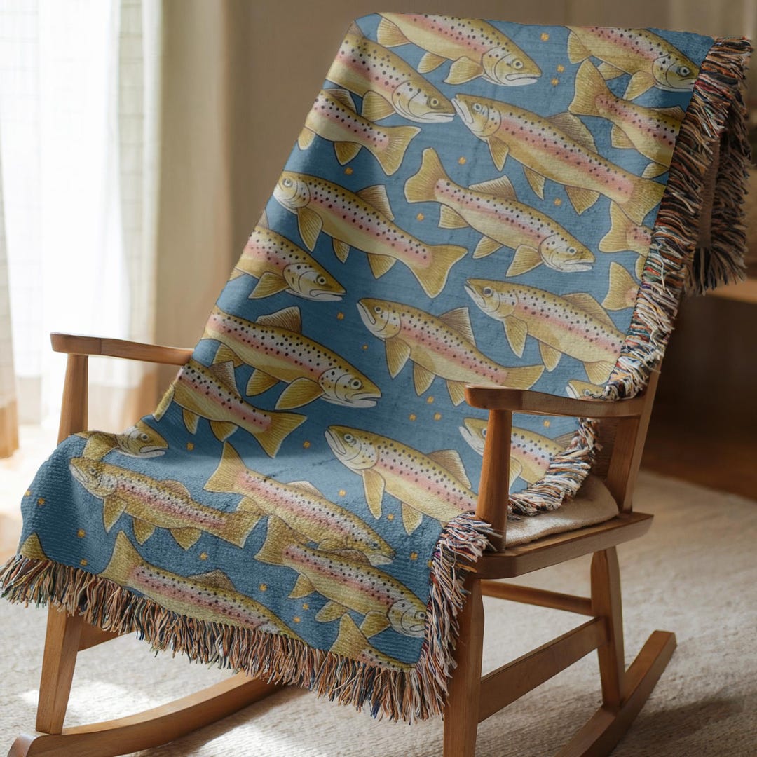 Cabin Woven Throw Blanket, Lakehouse Blanket Gift, Rainbow Trout ...