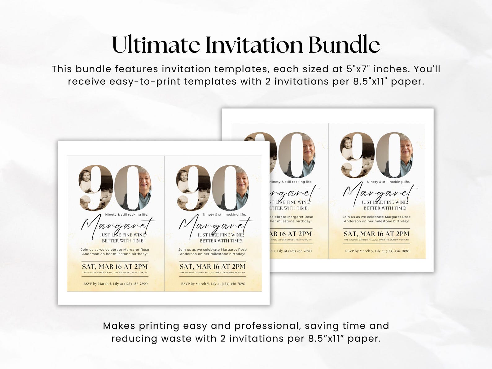 Editable 90th Birthday Invitation, Printable Canva Invite for 90th ...
