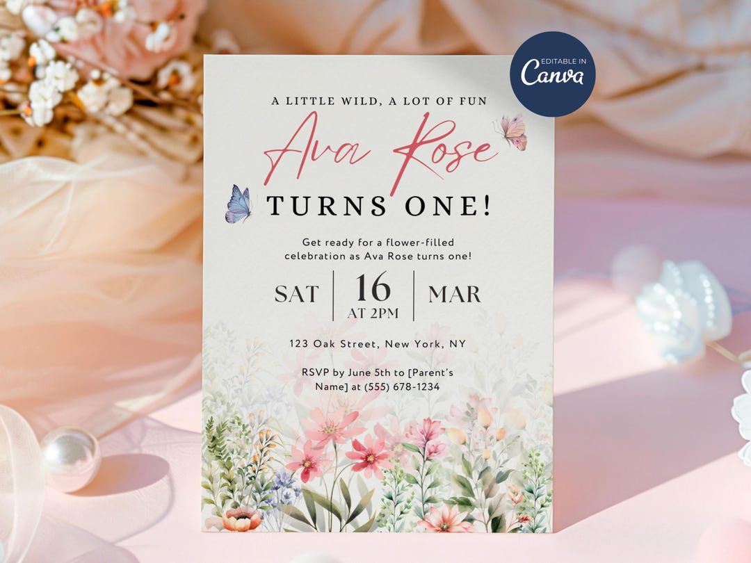 Editable Wildflower 1st Birthday Invitation, Boho Floral Party Invite ...