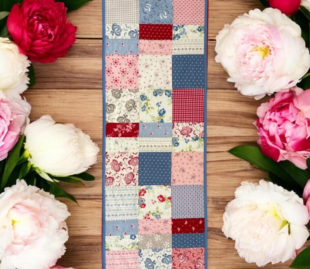 HOLLYHOCKS AND ROSES Quilted Table Runner - Reversible Patchwork, Handmade Floral Decor ...