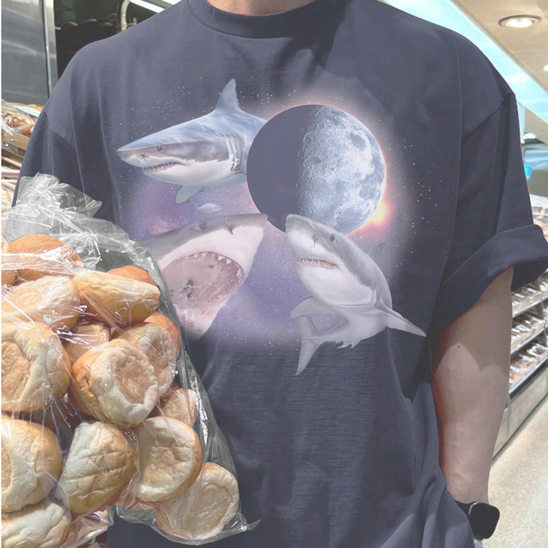 3 Sharks Graphic Tee, Funny Three Shark and Moon in Space, Shark Meme ...