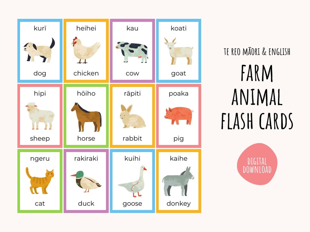 Farm Animal Flash Cards Digital Print - Te Reo Māori, English - Home ...
