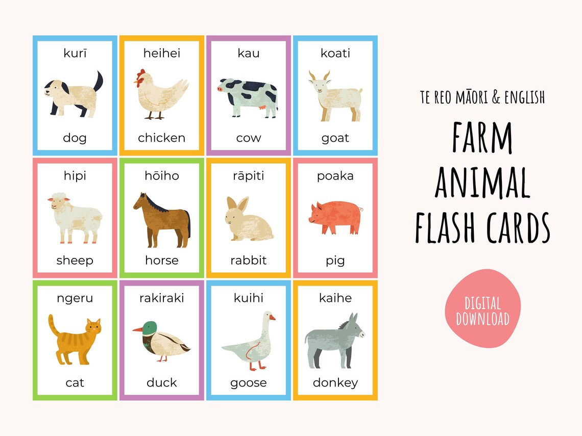 Farm Animal Flash Cards Digital Print - Te Reo Māori, English - Home ...
